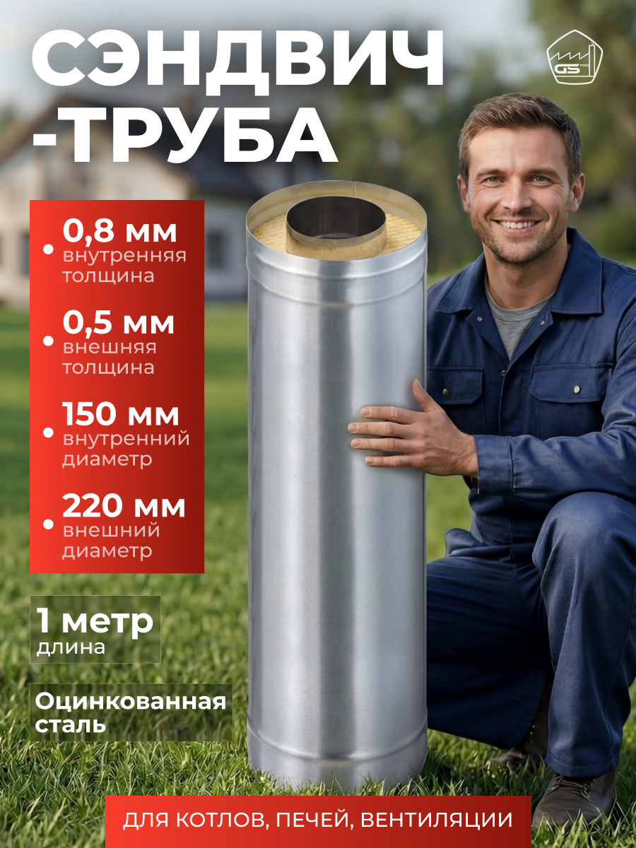 Сэндвич-труба для дымохода 1,0м, 150х220, AISI 430/Оц, 0,8 мм/0,5 мм, (К)