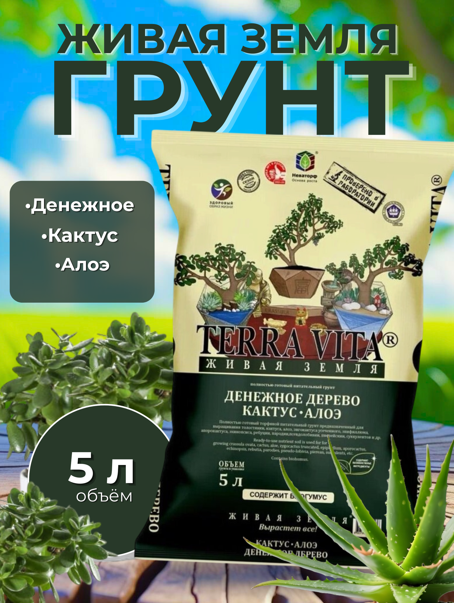Грунт Живая земля денежное дерево, кактус, алоэ объем 5л, рассада для растений