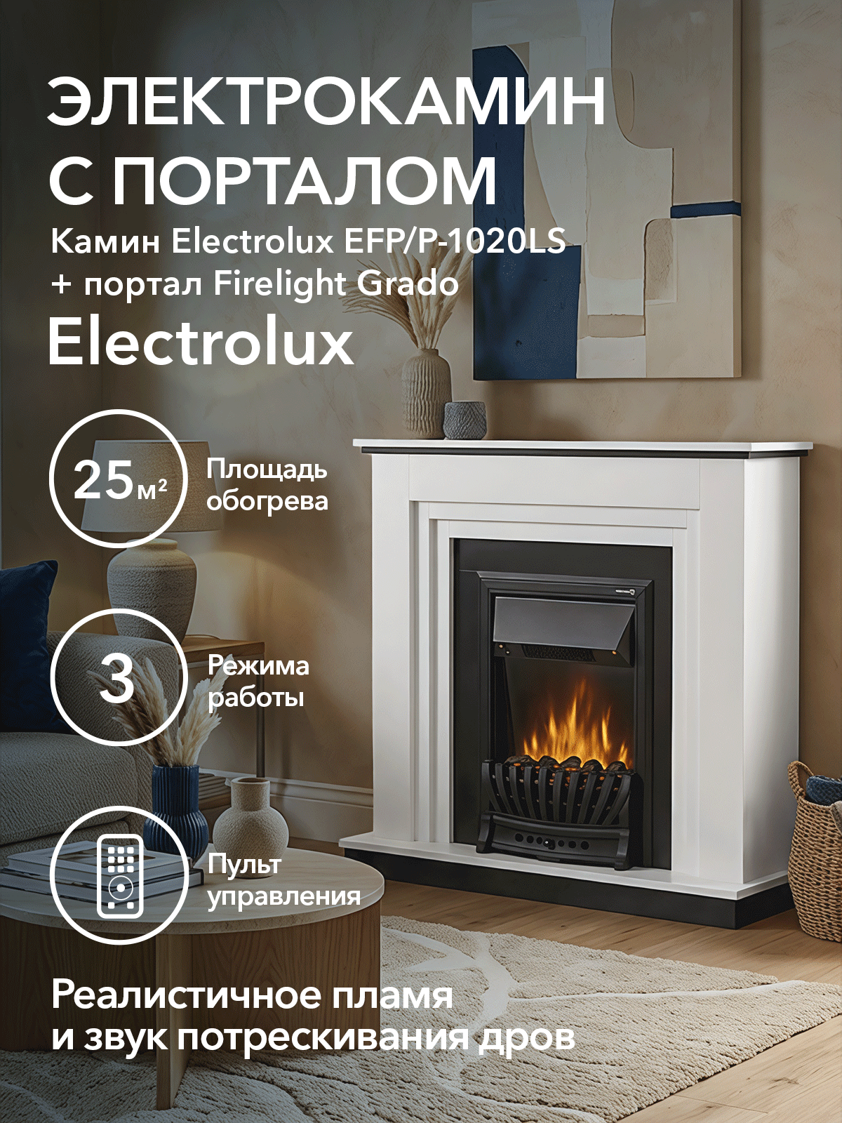 Каминокомплект: Очаг Electrolux Classic EFP/P-1020LS, портал Grado Classic белый, черный