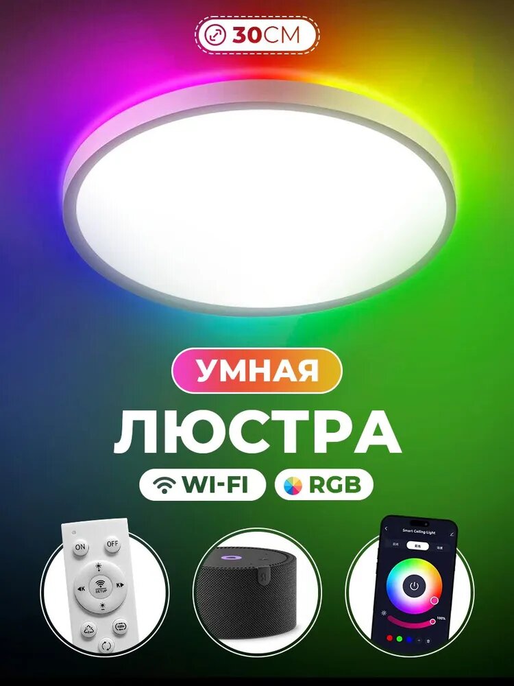 Умная потолочная люстра с Алисой, светодиодная, с RGB подсветкой, WIFI, пультом ДУ, 2800-6500К, разноцветная