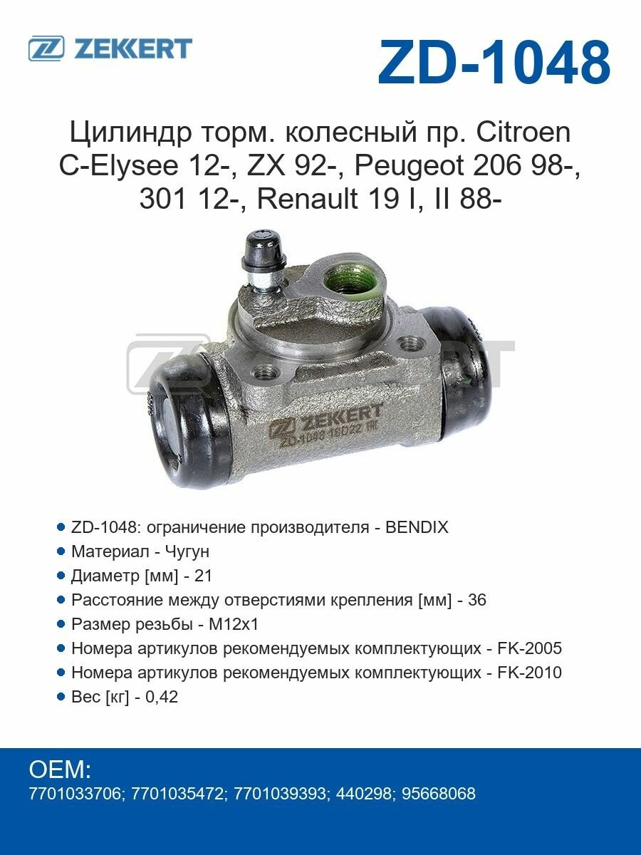 Zekkert Цилиндр тормозной колесный пр. Citroen C-Elysee 12-, ZX 92-, Peugeot 206 98-, 301 12-, Renault 19 I, II 88-