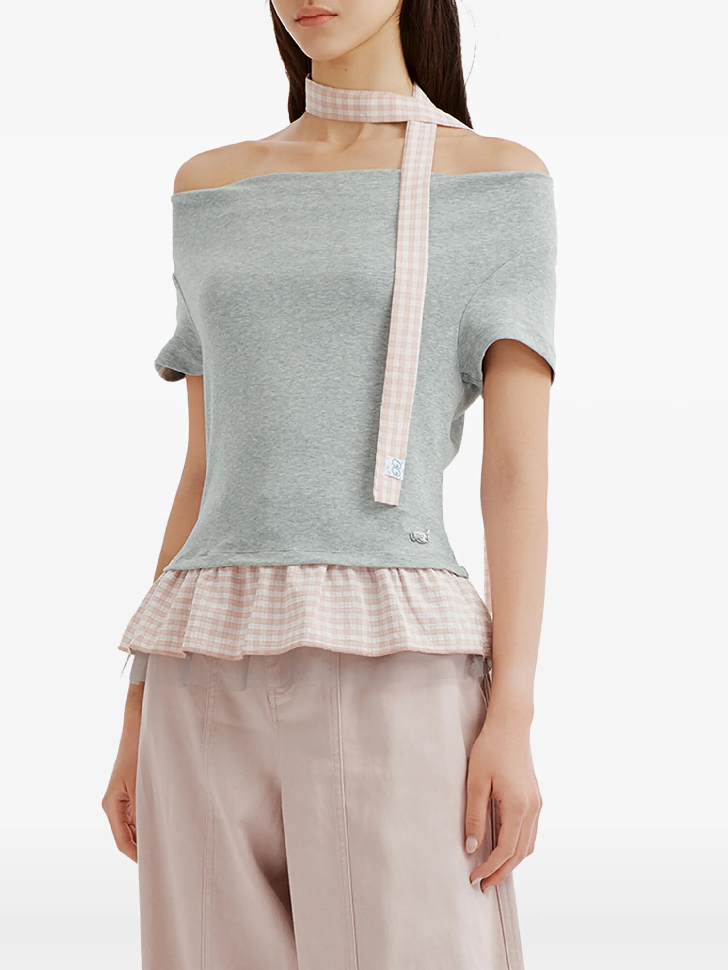 Блуза minicream Gingham-check peplum blouse, размер 40, серый — фото 1