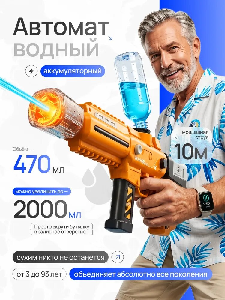 Водяной пистолет электрический , пулемет с аккумулятором и зарядкой type-c