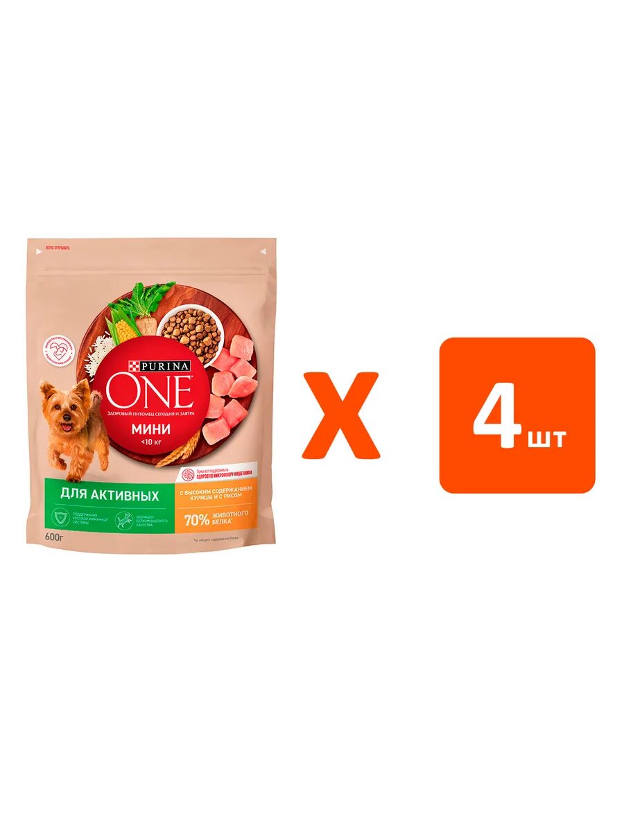 Корм сухой Purina One Мини для взрослых собак мелких и карликовых пород при активном образе жизни, курица и рис, 600 г х 4 шт