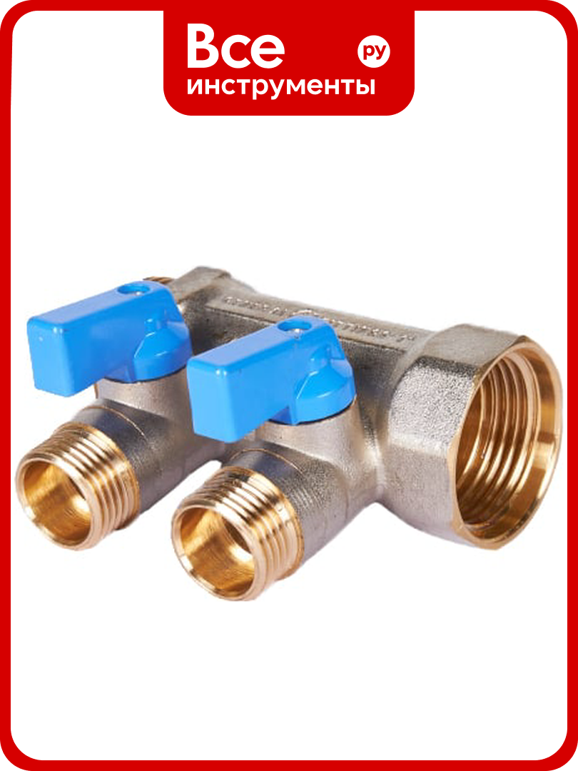 Коллектор с шаровыми кранами STOUT Smb 6211 341202 3/4 , 2 отвода 1/2 , синие ручки