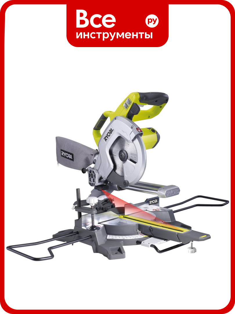 Торцовочная пила Ryobi EMS216L, 1500 Вт, с подсветкой, лазерным направлением, глубиной реза и защитным кожухом