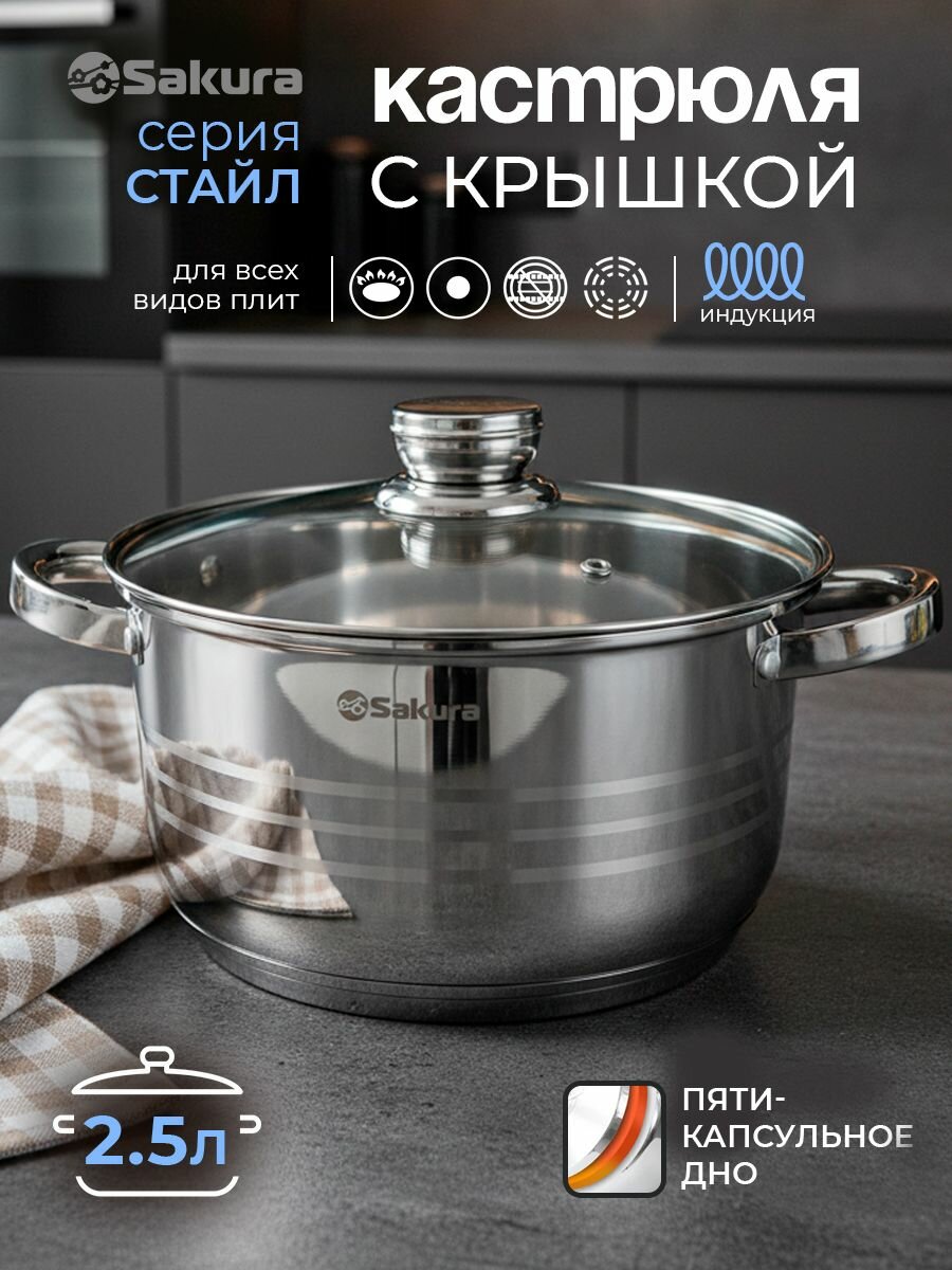 Кастрюля с крышкой из нержавеющей стали 2,5л Sakura SA-P7018 индукция стайл