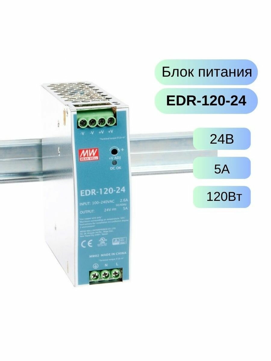 EDR-120-24 MEAN WELL Источник питания 24В 5А 120Вт AC-DC на DIN-рейку для автоматики и электрощитов