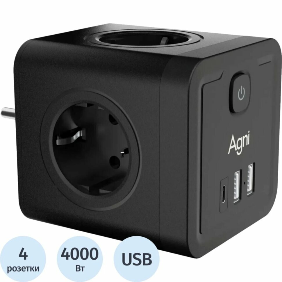 Тройник AGNI 4/220 + 2 USB + 1 Type C, черный(TP-WJ3U4E-C-black), 2444502