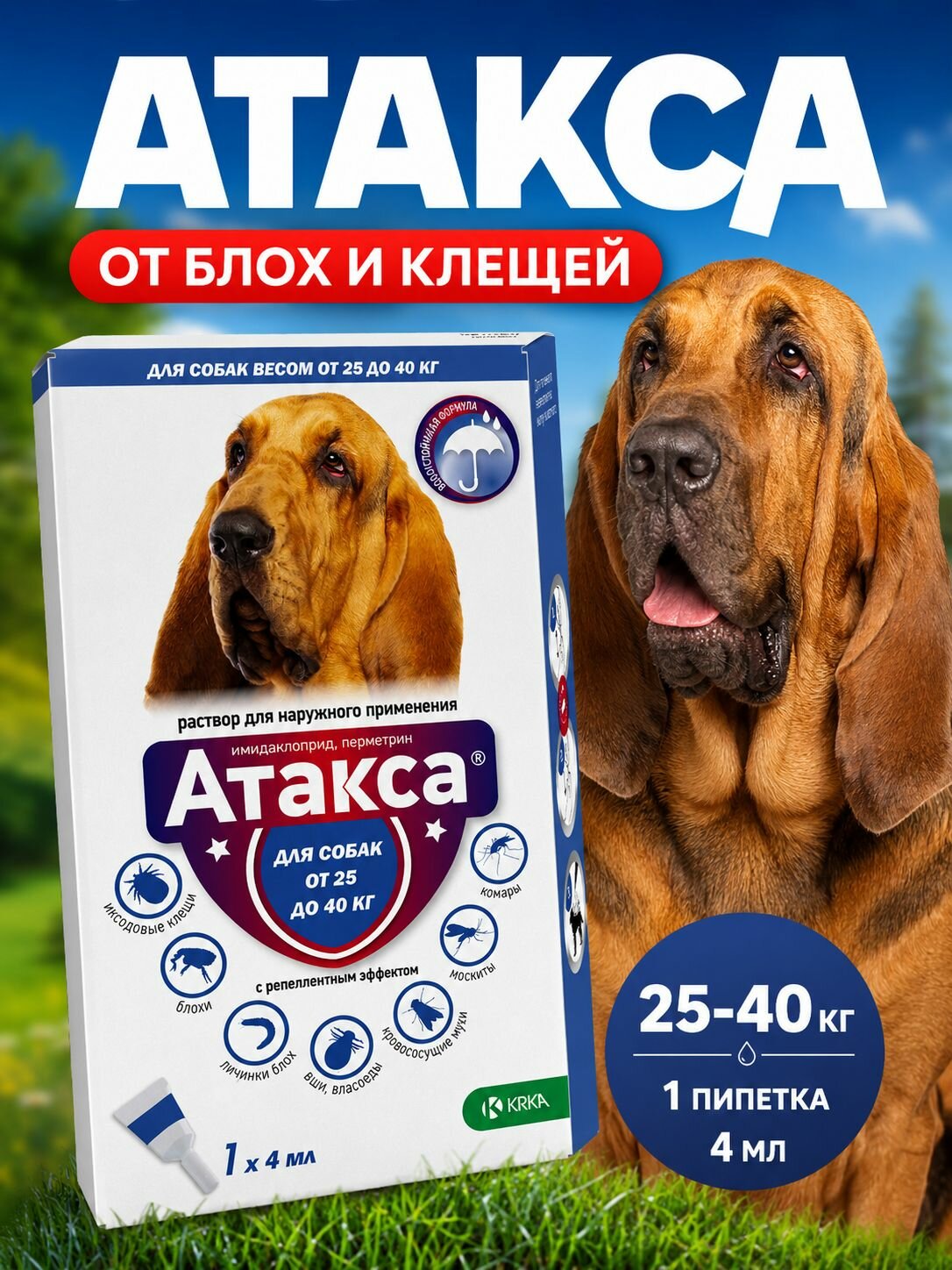 Капли на холку от блох и клещей для собак Атакса 25-40 кг, 4 мл 1 пипетка, инсектоакарицидное репеллентное средство от вшей и власоедов для крупных больших пород овчарок, строго НЕ для кошек Ataxa