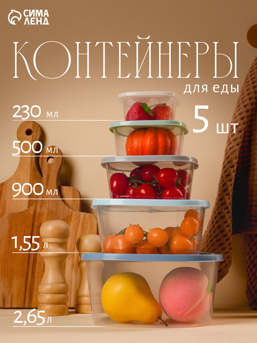 Набор пищевых контейнеров «BioFresh», 5 шт, пластик, цвет крышки микс