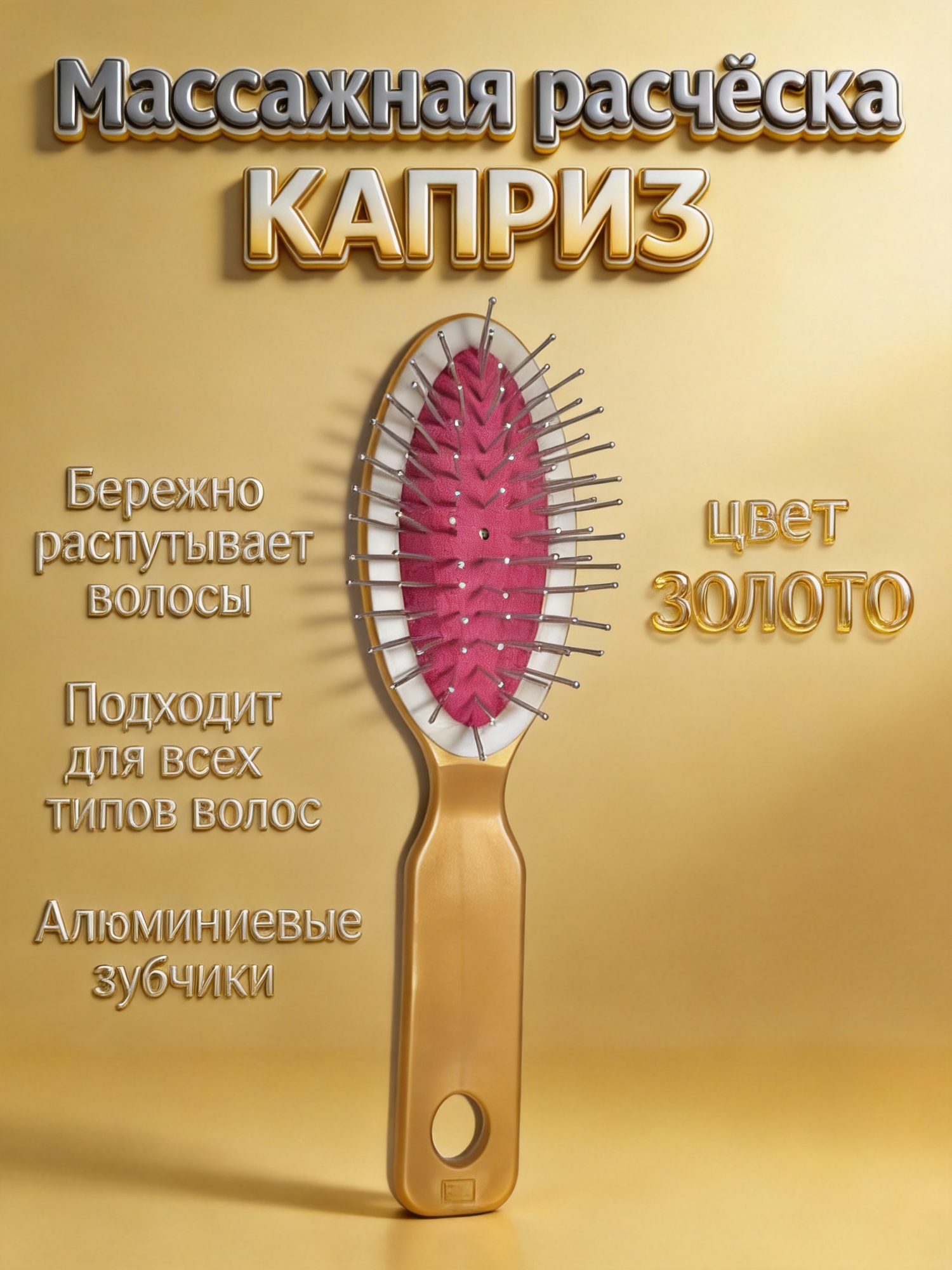 Расческа "Каприз", массажная, прочный пластик, золотистый цвет, алюминиевые зубчики
