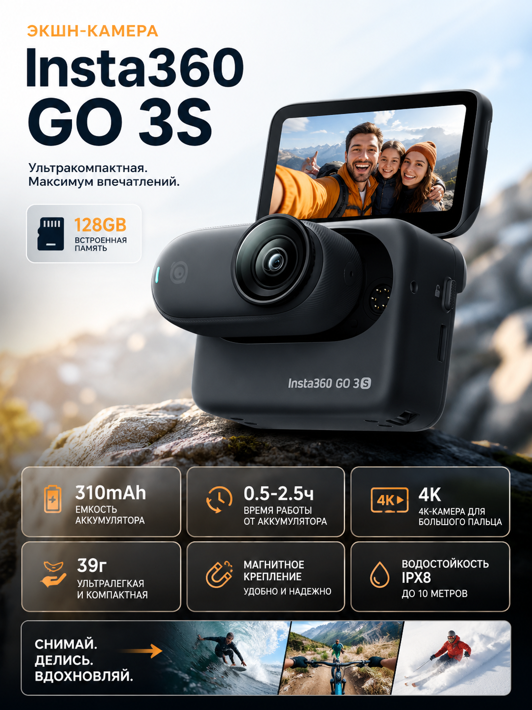 Камера Insta360 Go3S, 128GB, сенсорная, водонепроницаемая, 4K, Black