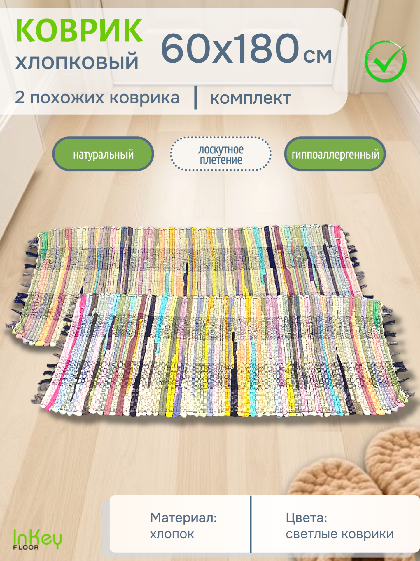 Комплект ковриков InKey FLOOR, 100% Хлопок, 60на180см 2 штуки яркий принт, для ванны и бани
