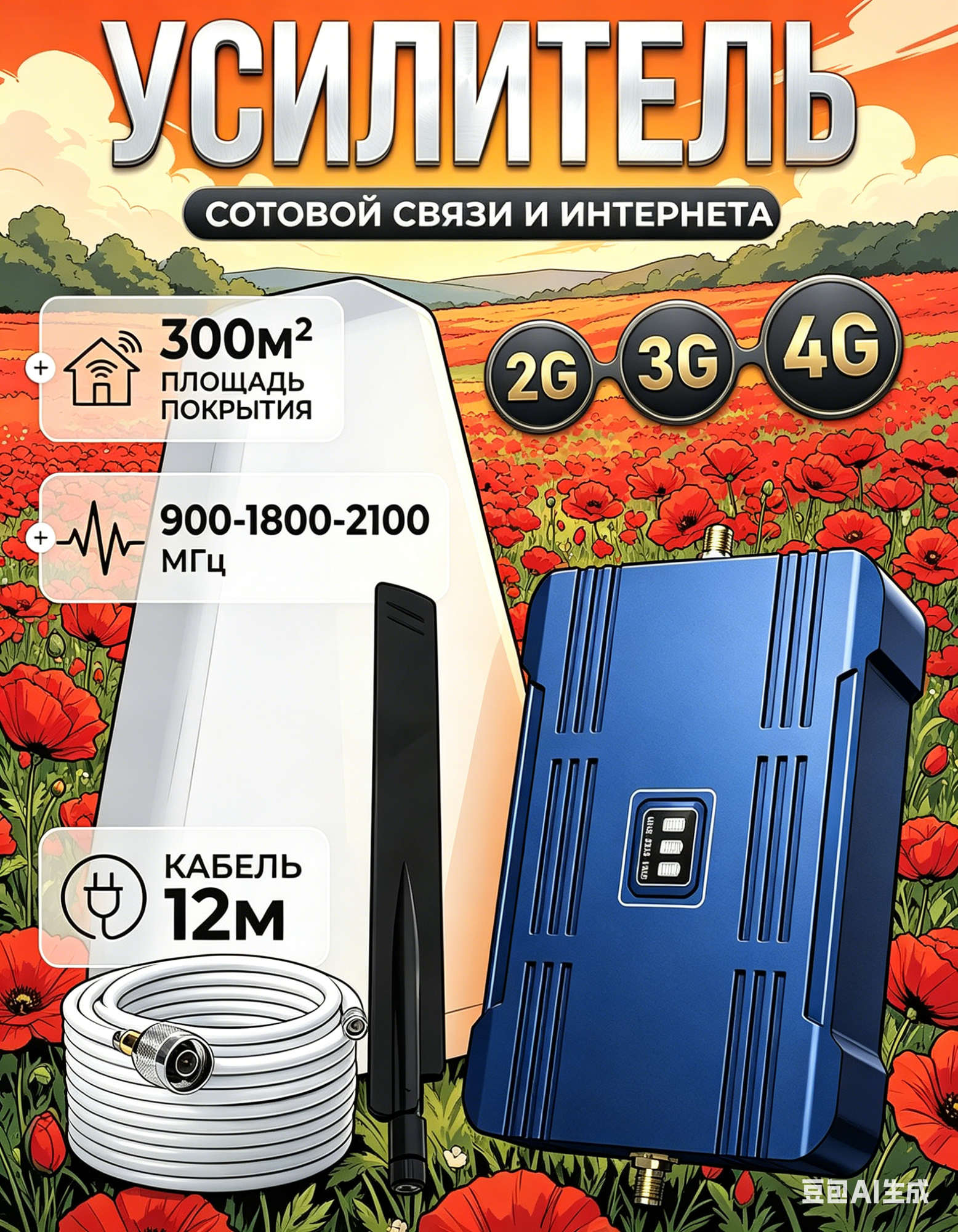 Усилитель сотовой связи 900/1800/2100 МГц (2G/3G/4G): до 70 км, направленный, синий, 1.3 кг