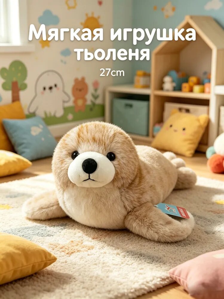 Мягкая игрушка тюлень Виталий 27 см, Детская пушистая обнимашка для малышей , для засыпания и сна детей, Подарки для девочек плюшевая игрушка большая