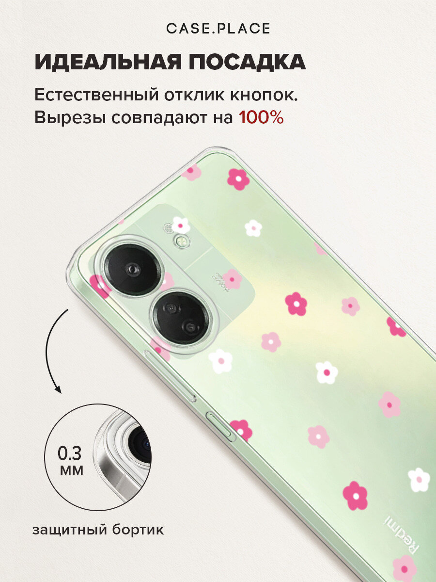 Чехол на Xiaomi Redmi 13C/Poco C65 / Сяоми Редми 13C/Поко С65 с принтом "Весенние цветочки рисунок", прозрачный — фото 1