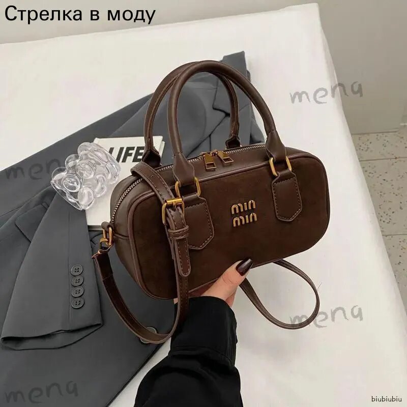 Сумка на плечо женская коричневая из замши и экокожи, модная вместительная бостонская сумка — фото 1