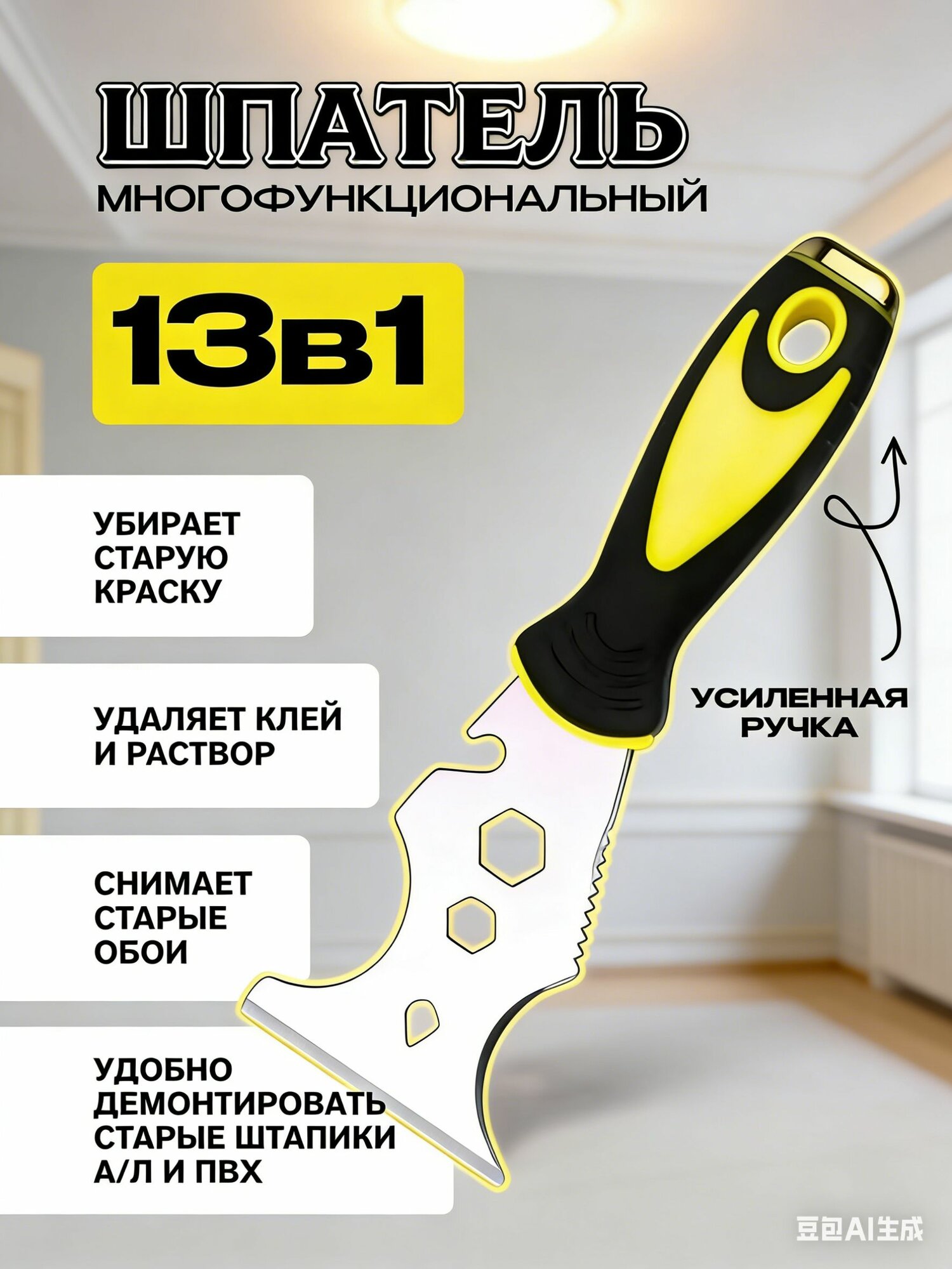 GEALFIS скребок шпатель многофункциональный 215x75 мм для демонтажа старых штапиков и удаления краски при ремонте квартир