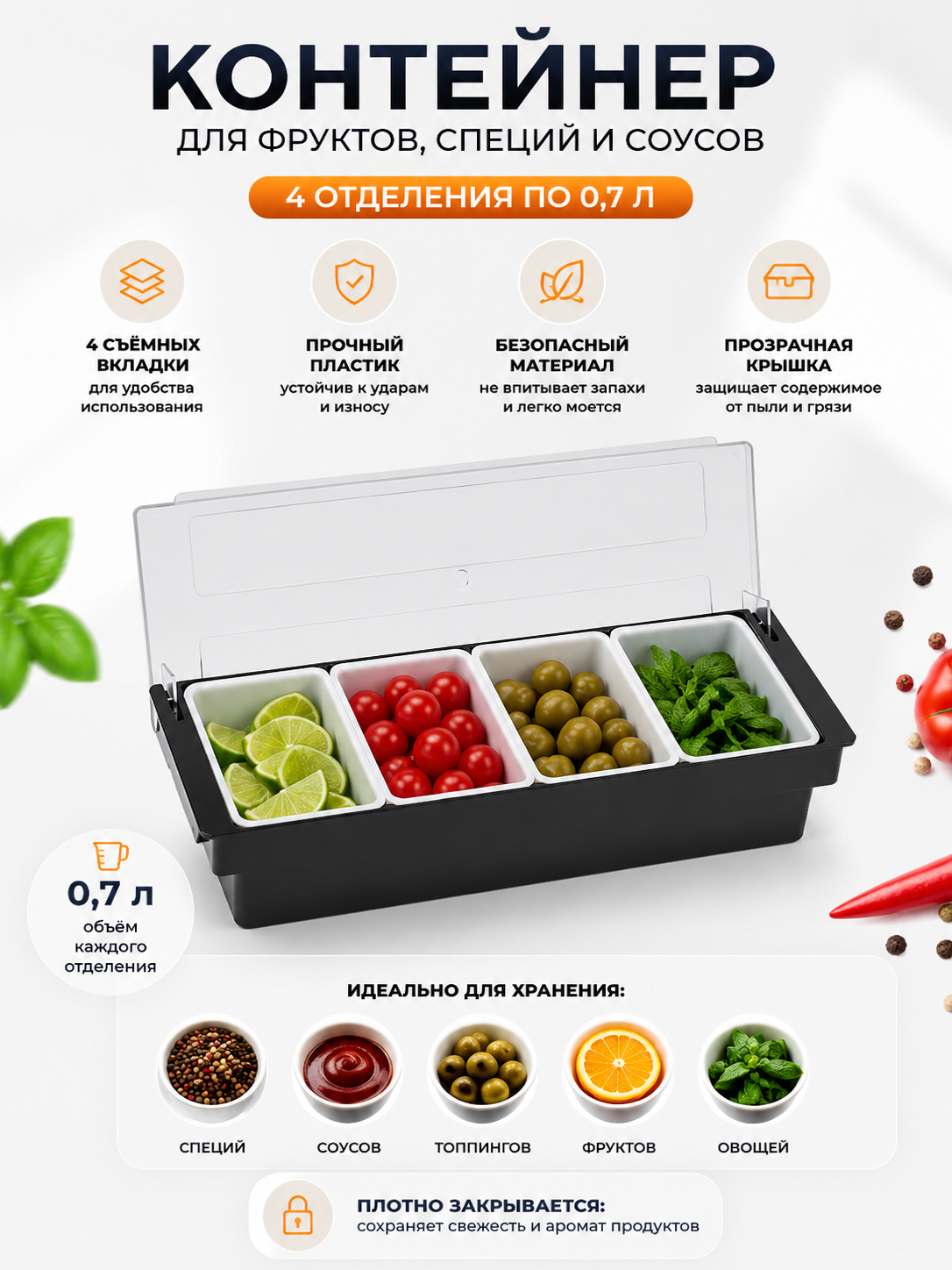 Контейнер для фруктов 4 отд. по 0,7 л MGProf, черный
