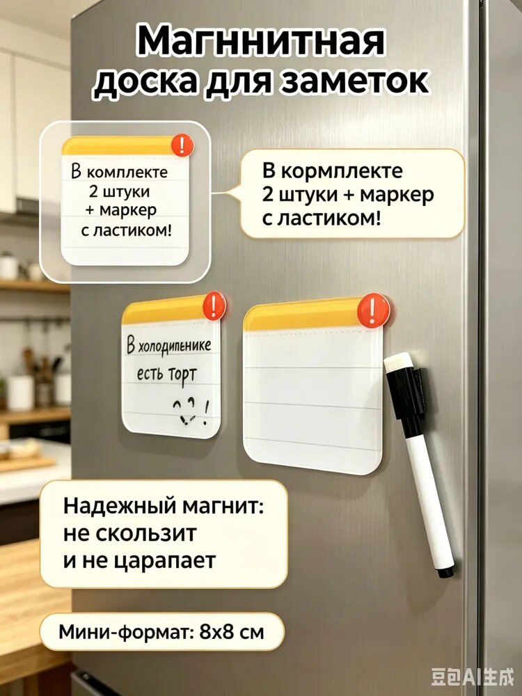 Магнитная доска на холодильник для заметок, набор 2 шт, многоразовый планер с маркером / Стикер для записей и напоминаний на кухню