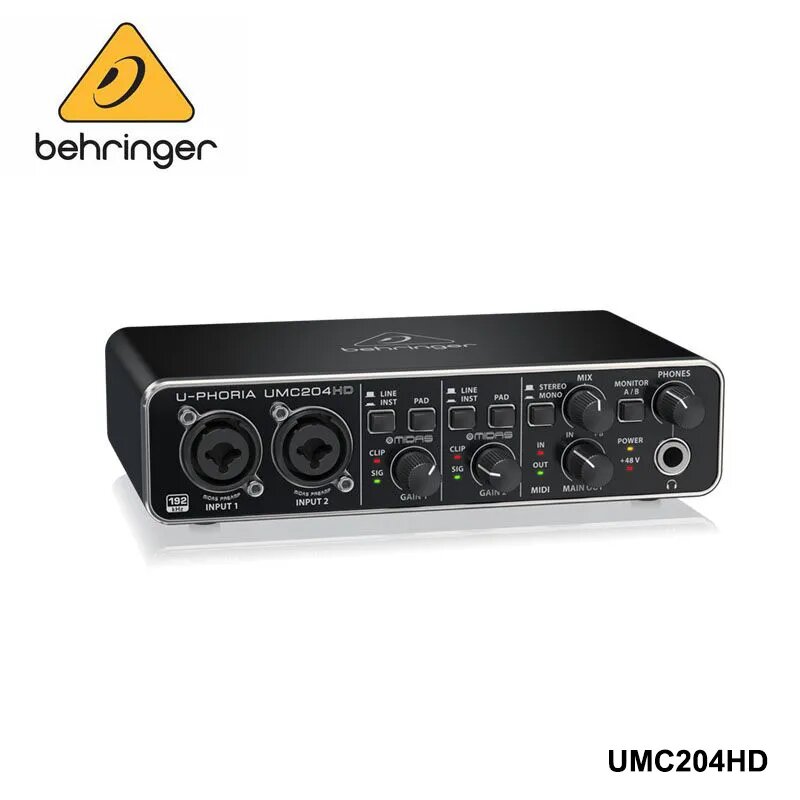 Behringer U-Phoria UMC204HD Аудиофильский USB-аудио/MIDI-интерфейс 2x4, 24 бит/192 кГц с микрофонными предусилителями Midas