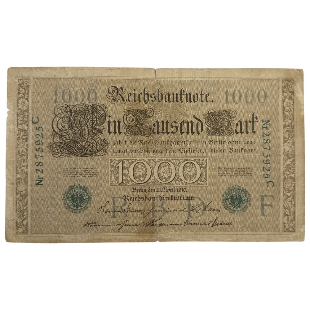 Германская империя 1000 марок 1910 г. (Зелёные печати) (Литера F)(Серия C)(7-значный номер) (Лот №2)