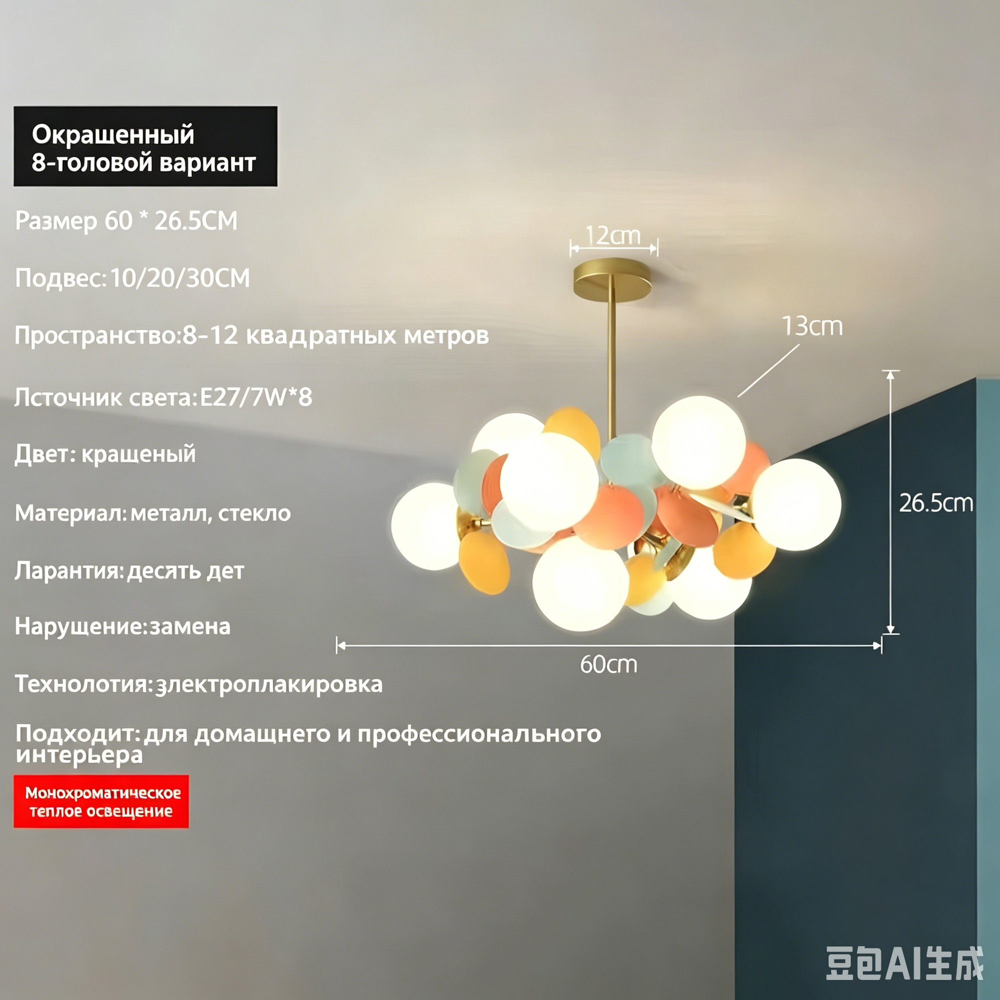 Люстра для спальни, освещение детской комнаты, пластиковые лепестки/цветная/8 ламп 60*60*26,5CM