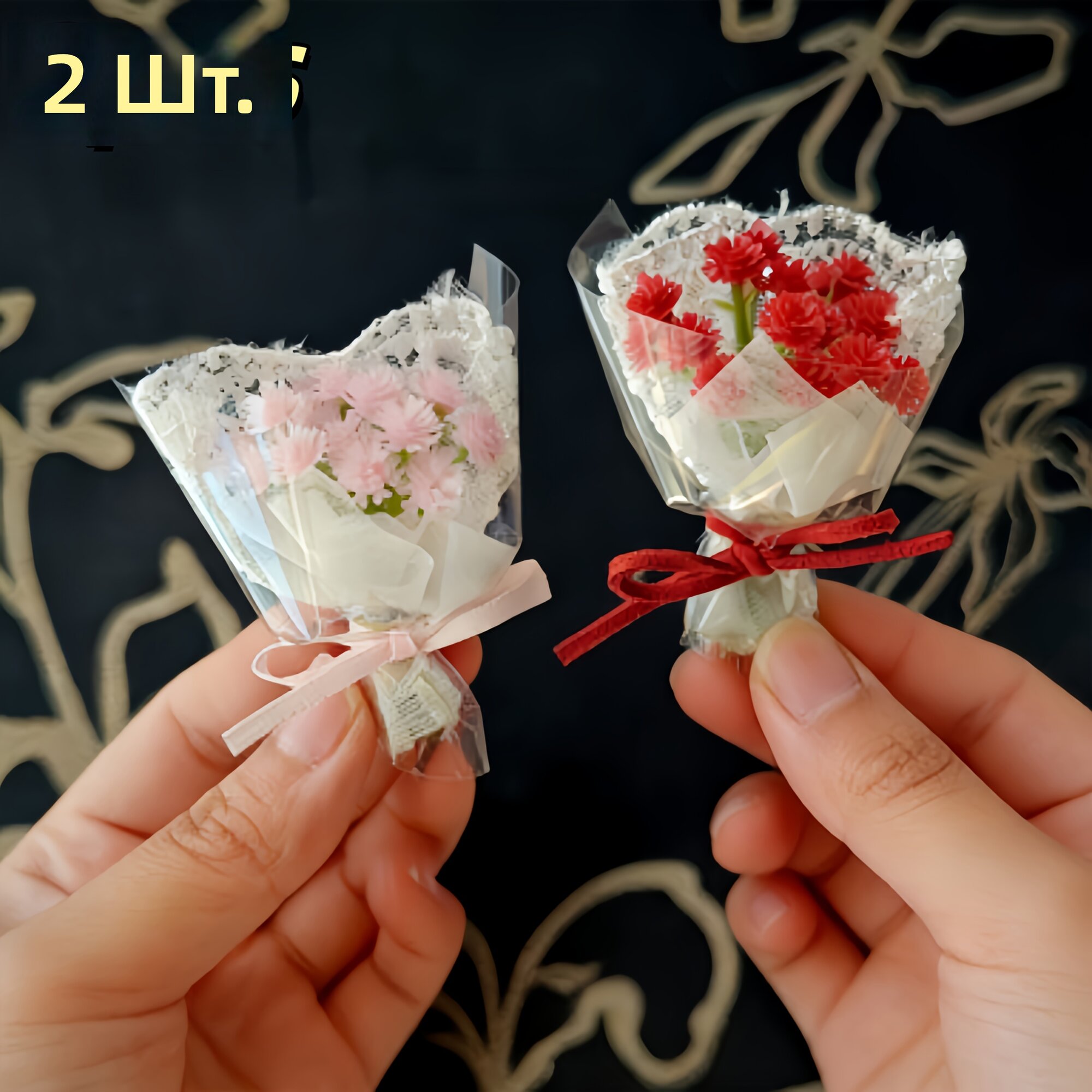 2 шт. миниатюрный искусственный букет для кукольного домика, розовый + красный