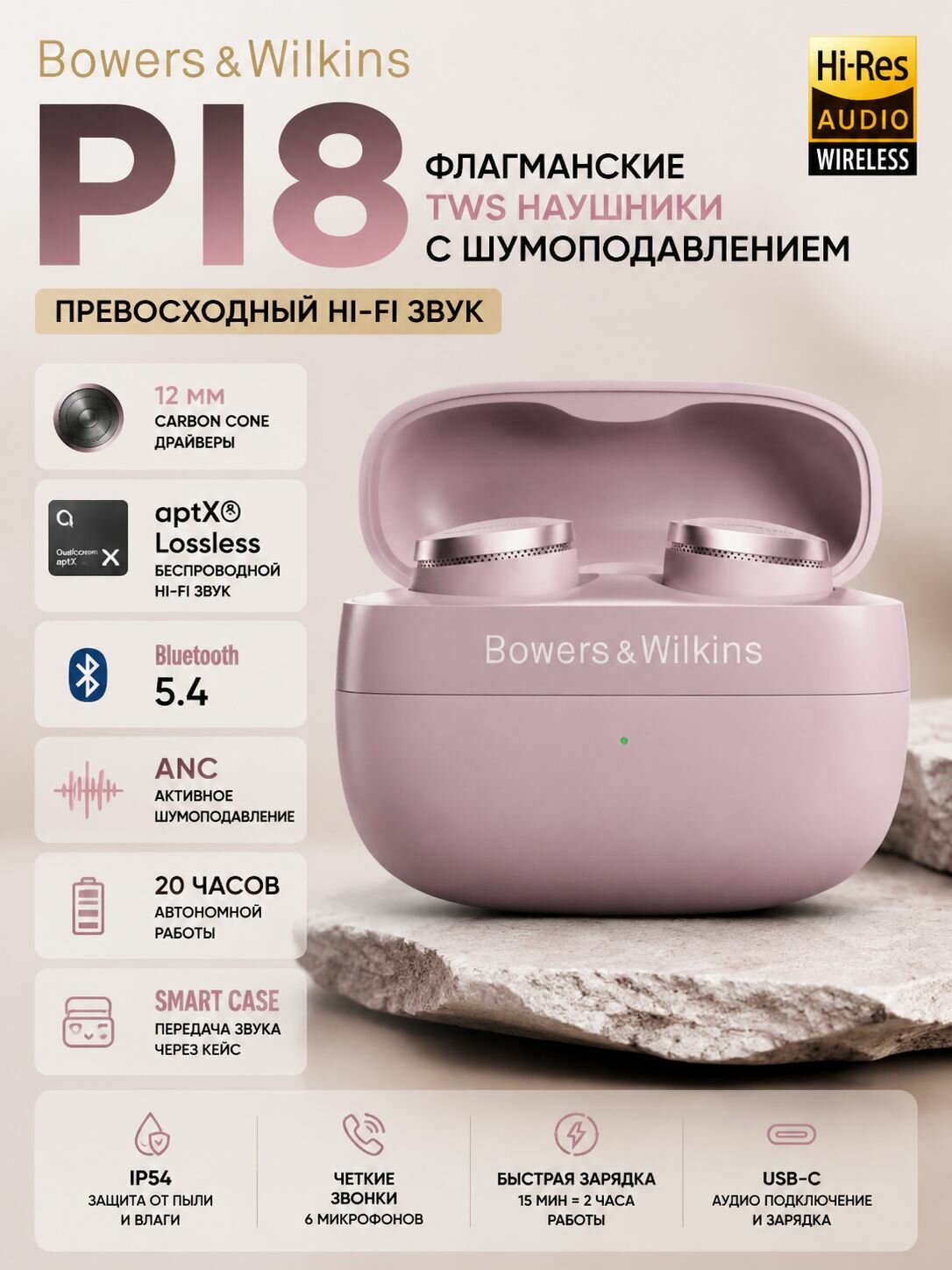 Bowers & Wilkins Pi8 Беспроводные наушники TWS с ANC Bluetooth 5.4 aptX Lossless Hi-Fi звук 12 мм Carbon Cone Smart Case