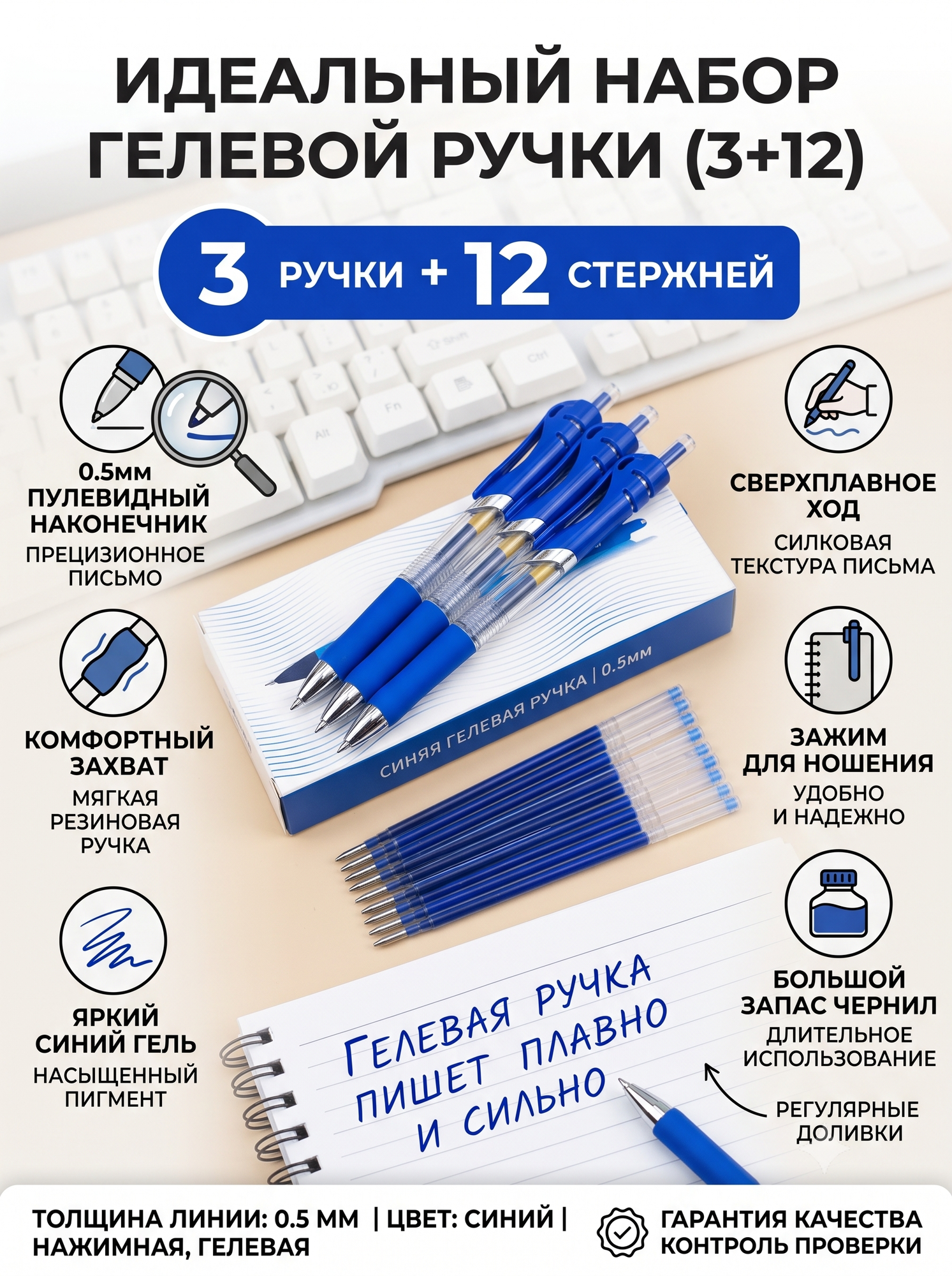 Набор синих гелевых ручек 0.5 мм, автоматическая ручка для школы и офиса, 3 ручки, 12 стержней