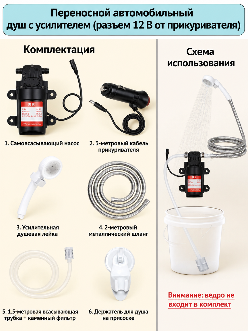 Портативный электрический душ с самовсасывающим насосом и регулировкой давления, 12В/220В. Кемпинг, дача, путешествия.