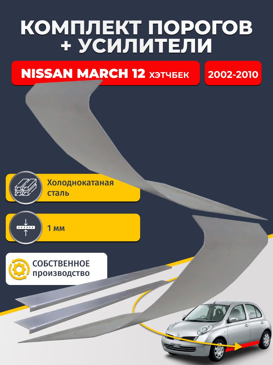 Ремонтные пороги комплект (2 шт.) и усилители (2 шт.) для Nissan March K12 2002-2010 хэтчбек 5 дв, холоднокатаная сталь 1 мм. (Марч 3), пороги и усилители. Кузовной ремонт.