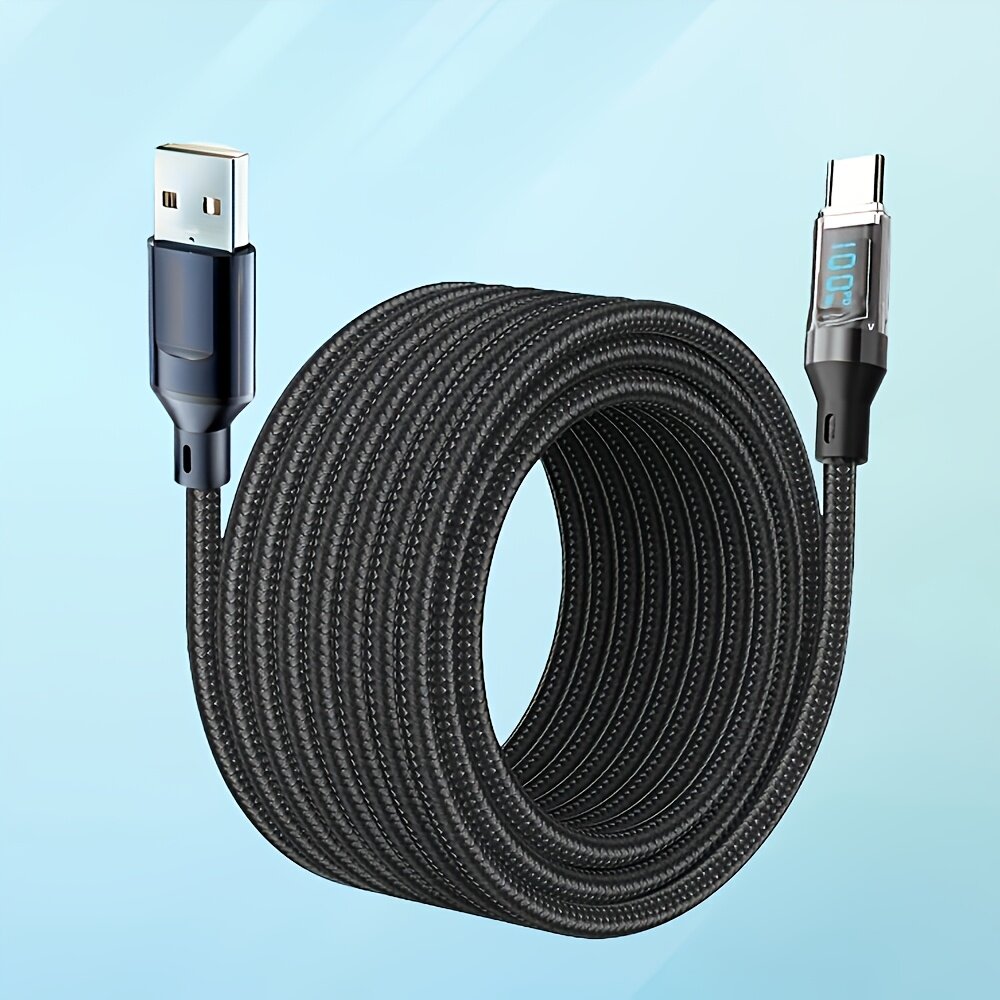 Кабель USB-A на USB-C для быстрой зарядки и высокоскоростной передачи данных, длина 1 м, с цифровым LED-дисплеем, нейлоновой оплеткой, усиленными разъемами и защитой от перегрузки
