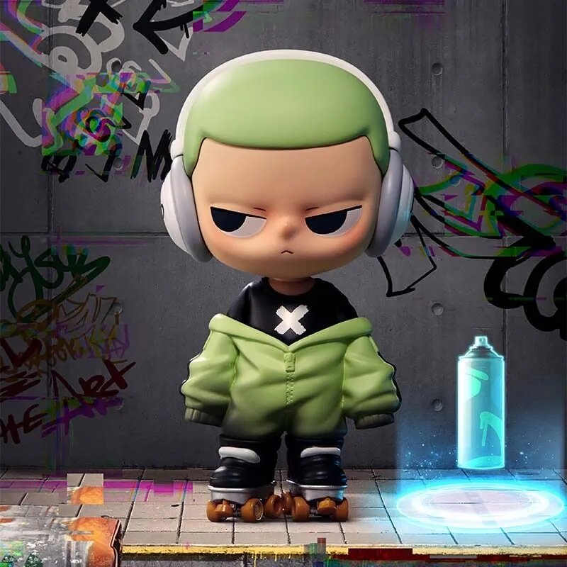 Слепая коробка POPMART HIRONO Little Mischief Series, коллекционная фигурка, зеленая, в наушниках, на роликах