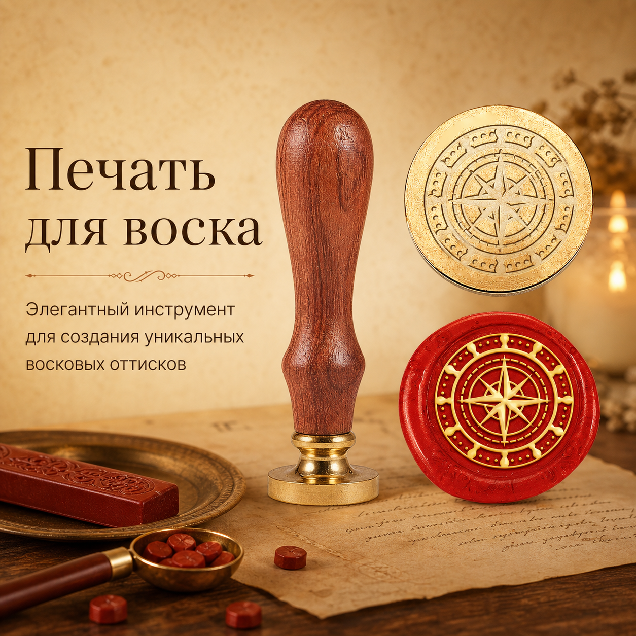 Набор из 1 сургучной печати. Сургучные печати с латунными головками и деревянными ручками для конвертов, приглашений, подарочных карт.