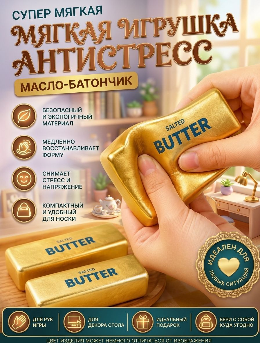 Сквиш масло слайм антистресс, Salted Butter золото, игрушка мялка