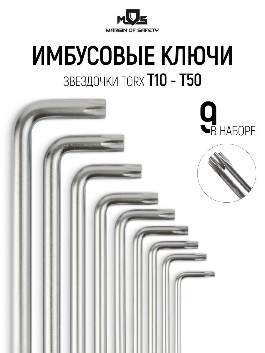 Ключи имбусовые звездочки torx T10 - T50 набор 9 шт. в пластиковом держателе