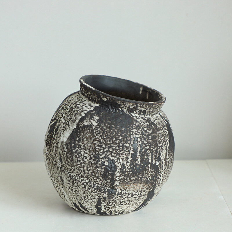 Винтажная керамическая ваза в датском стиле, напольный черно-белый глиняный горшок в стиле ваби-саби для гостиной, большой цветочный горшок высокого класса