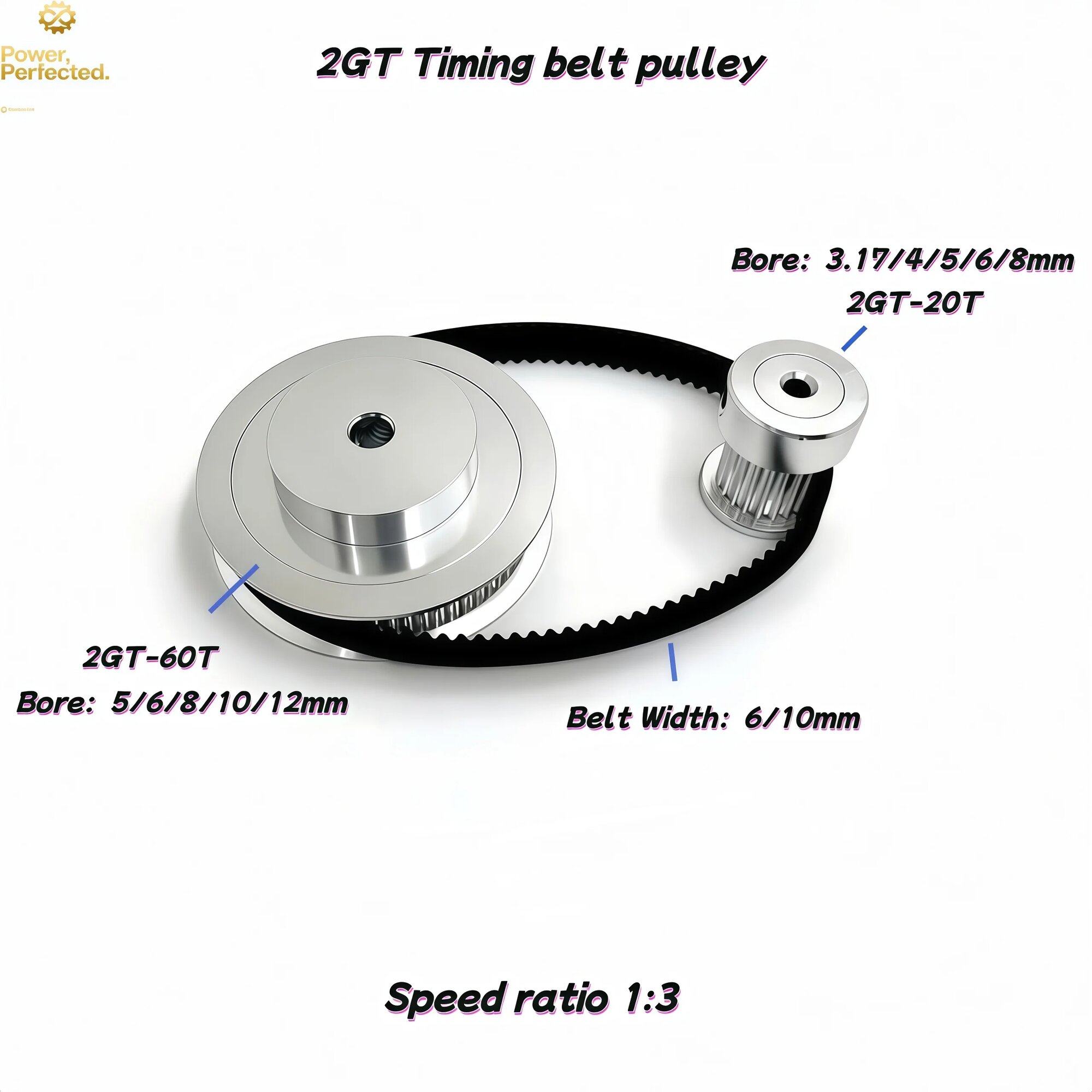 Комплект синхронных шкивов 2GT 20 Teeth 60 Teeth 2GT-400-10mm, 60T bore 12mm, 20T bore 8mm