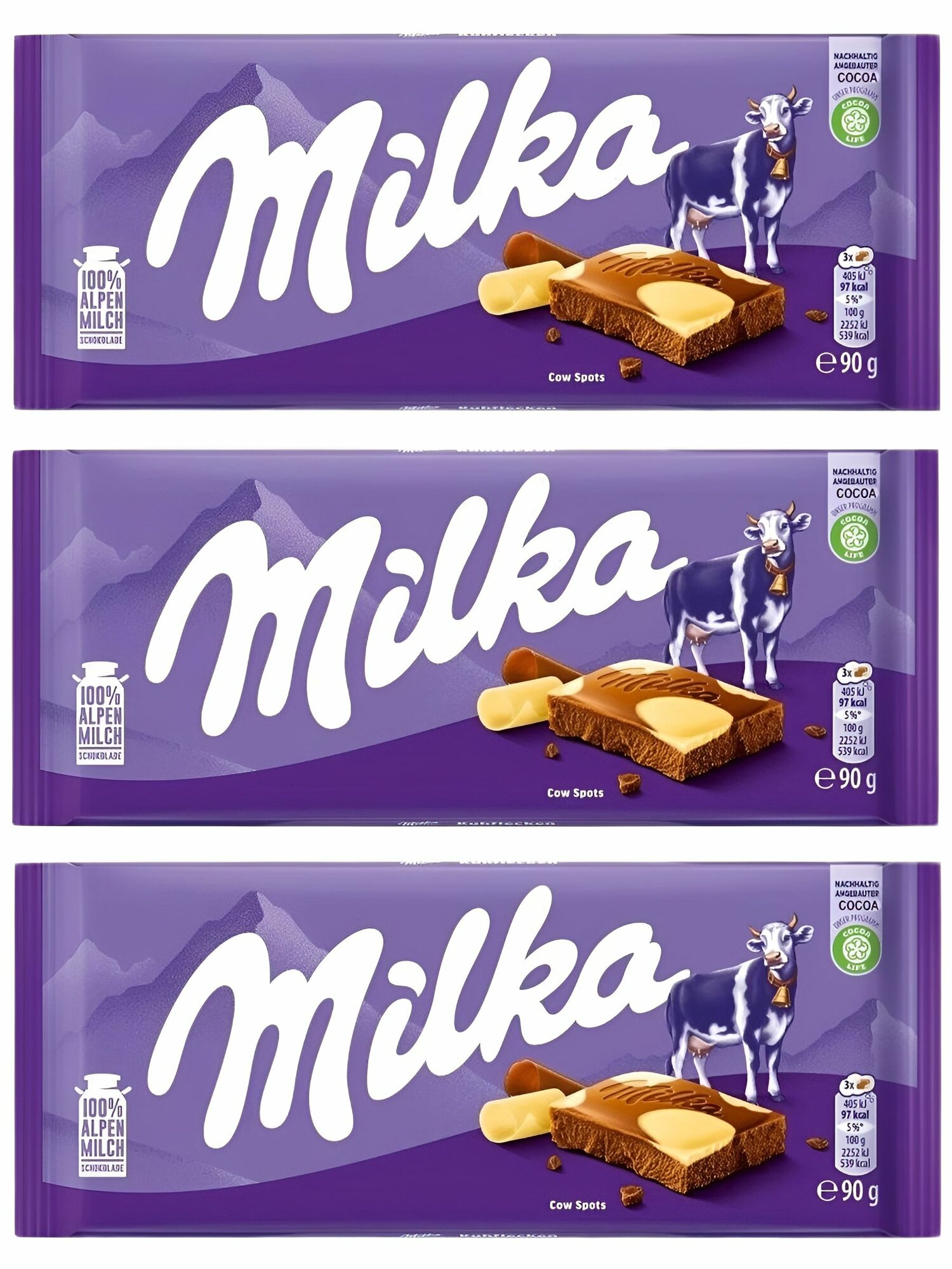 Шоколадная плитка Milka Cow Spots из молочного и белого шоколада, 3 шт. по 90 гр. (Швейцария)