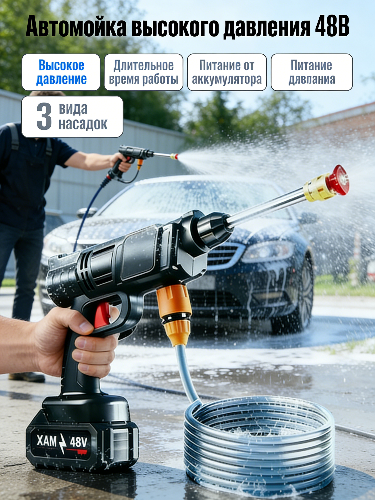 Аккумуляторная автомойка высокого давления с кейсом 2 аккумулятора. Минимойка