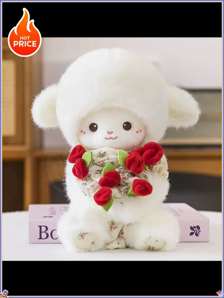 Semybear Декоративная фигурка Розовый Ягненок 30 см с букетом роз для ребенка