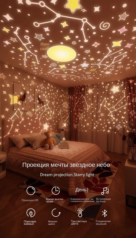 Ночник детский проектор с рожками, музыкальный, питание от сети, белый — фото 1