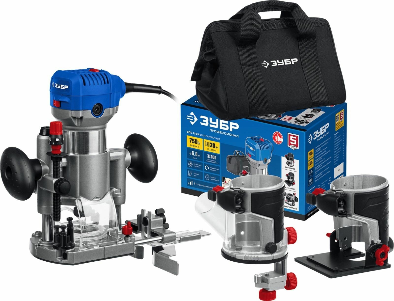Фрезер ЗУБР Профессионал, кромочный, мощность 750 Вт, 3 основания, сумка