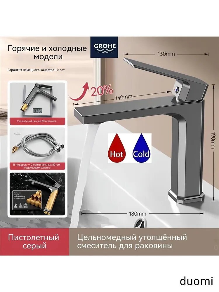 Смеситель для раковины GROHE пистолетный серый цельномедный утолщённый для кухни