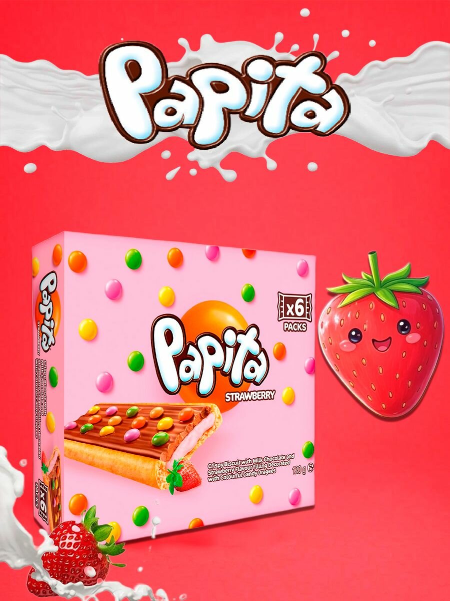 Papita печенье с клубничной начинкой, шок. и драже 24шт х33гр