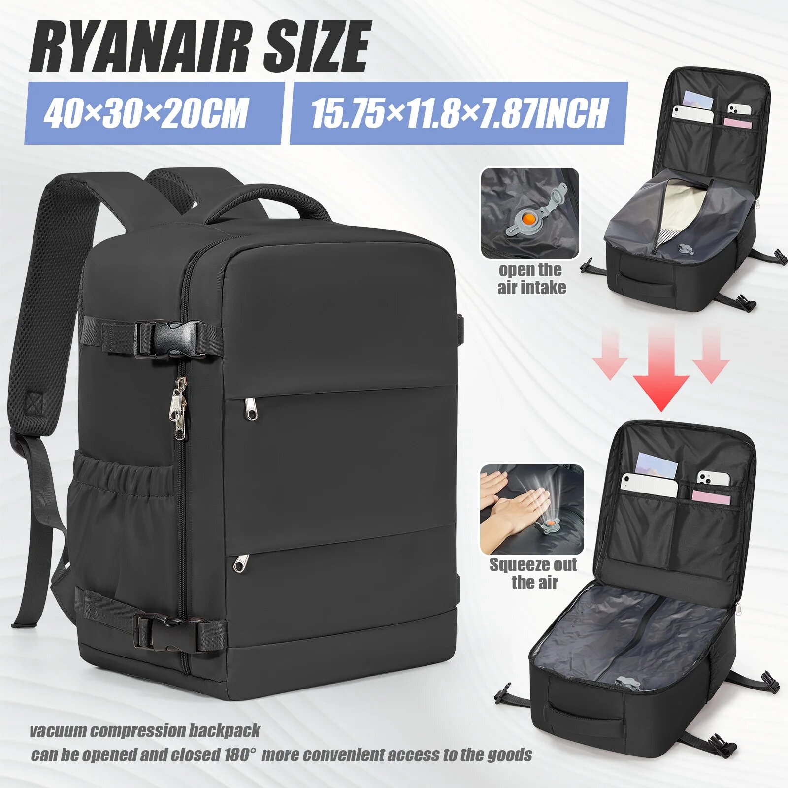 Универсальный Вакуумный Компрессионный Рюкзак 40x30x20 См Из Нейлона, Ручная Кладь Для Черный, Black
