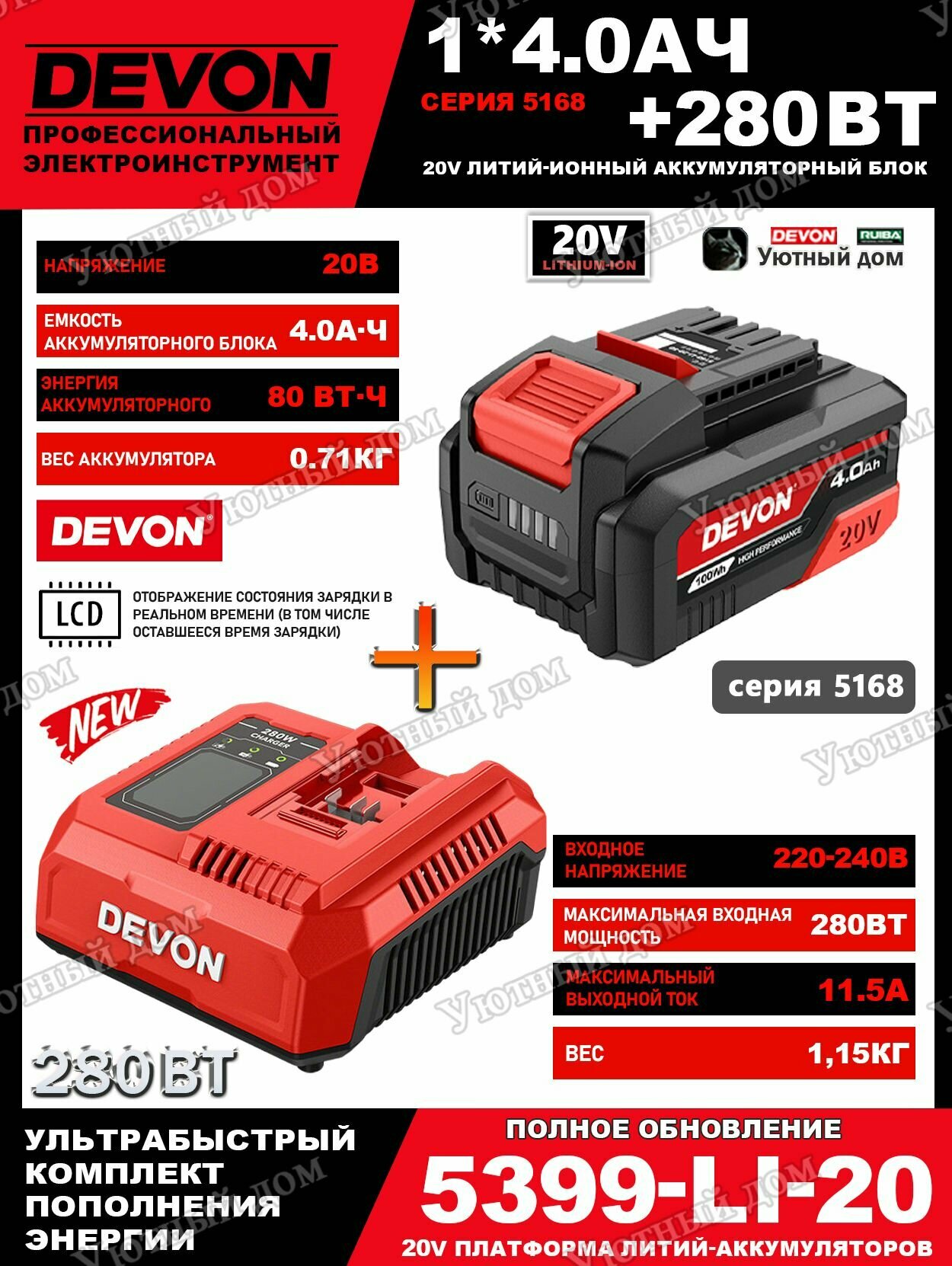 DEVON 5399-Li-20 (280Вт) зарядное устройство + аккумулятор 5168-Li-20-40 (4,0Ач, 20В), ЖК-дисплей, интеллектуальная защита