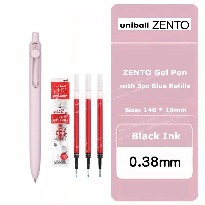 Гелевая ручка Uniball Zento 0.38 мм, розовый, 3 черные сменные стержни